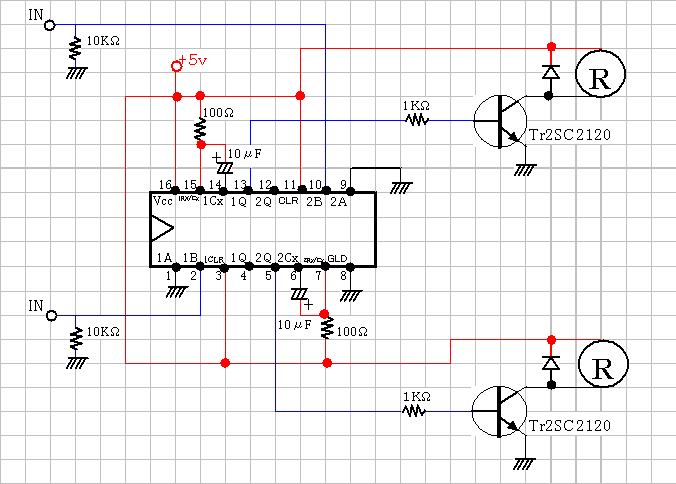 そこで、長い時間入力ONでも出力は短時間にできるモノマルチバイブレータが2個入ったIC：74HC123を使うことにしました。